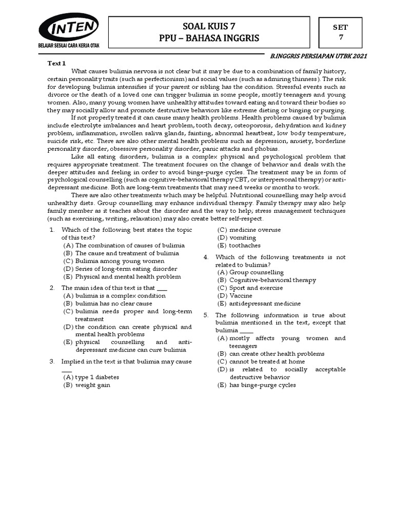 Soal Kuis 7 Ppu - Bahasa Inggris: Text 1 | PDF | Bulimia Nervosa | Mental Disorder