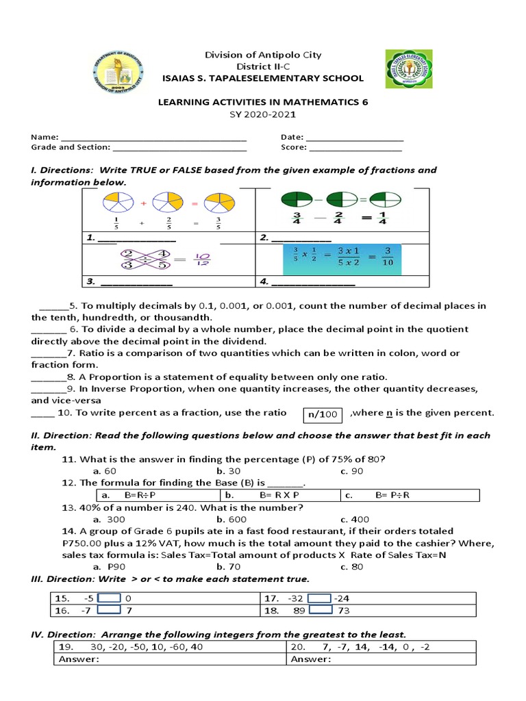 Isaias S. Tapaleselementary School Learning Activities in Mathematics 6 ...