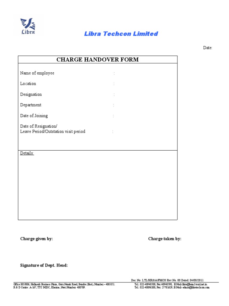 FM No. 20 - Charge Handover Form | PDF