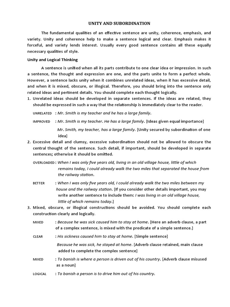 Lesson 4 Unity and Subordination | PDF | Clause | Sentence (Linguistics)