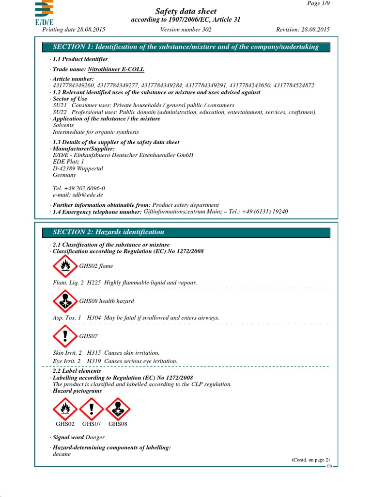 MSDS Diluant Nitro E-Coll SD - GB - ED036 - 4317784524872 | PDF | Toxicity | Personal Protective ...