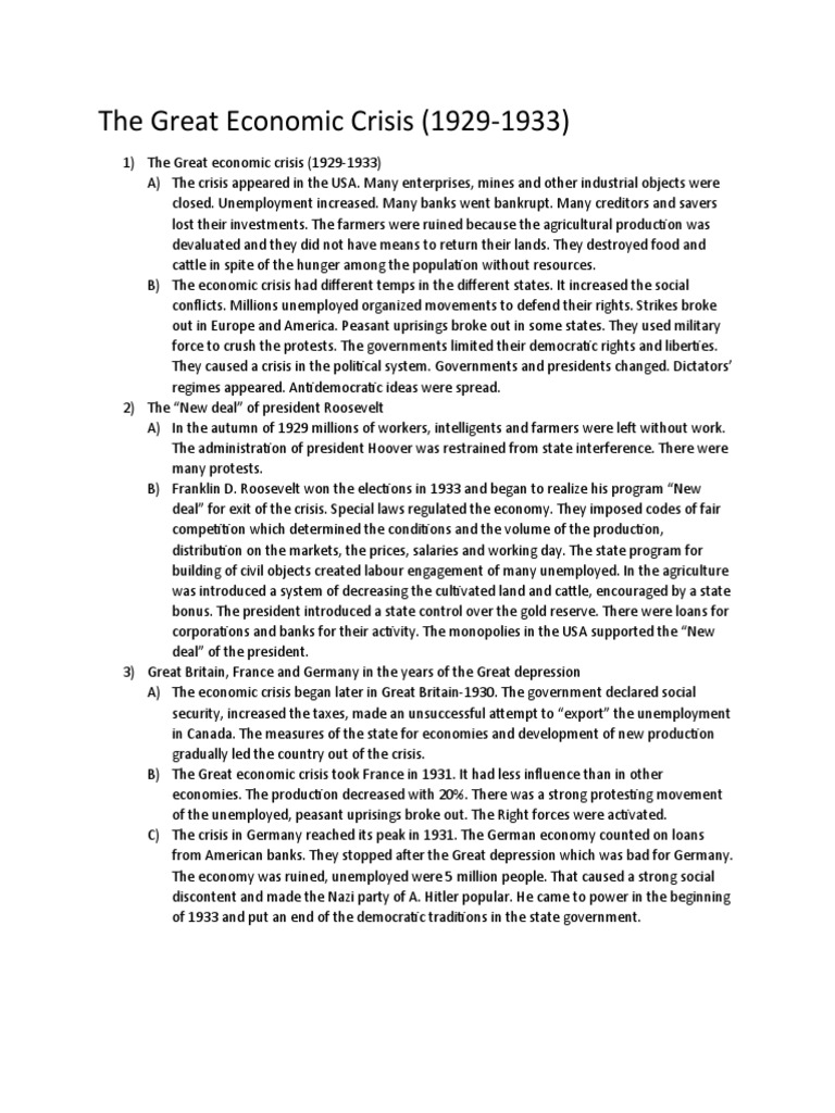 The Great Economic Crisis (1929-1933) | PDF | Great Depression ...