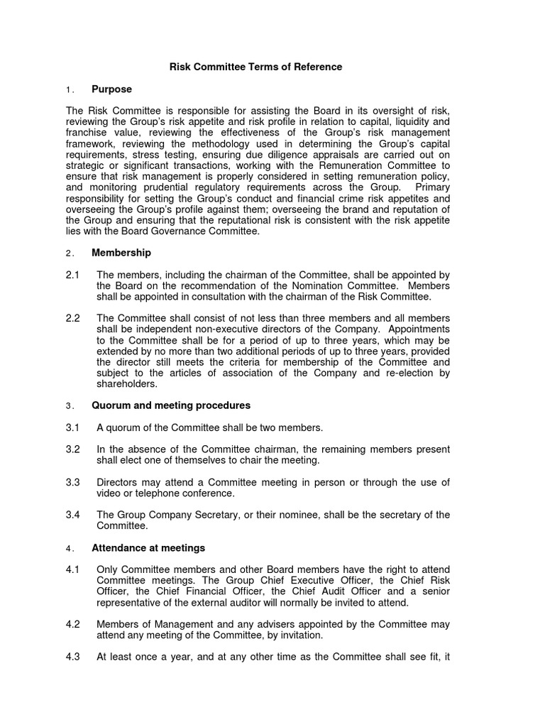 Risk Committee Terms of Reference Guide | PDF | Committee | Internal ...