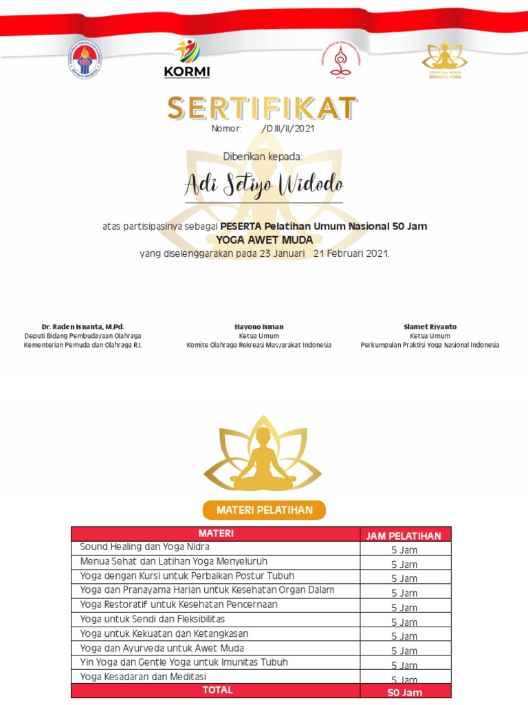 Sertifikat Pelatihan Yoga Awet Muda | PDF