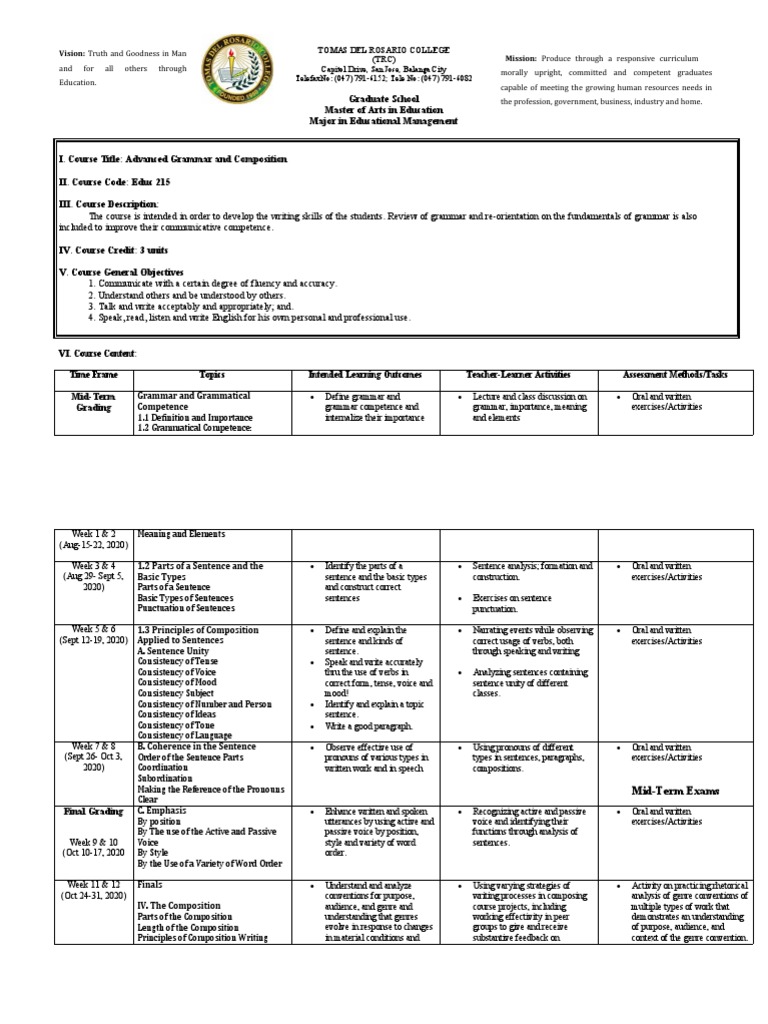 Course Syllabus Advanced Grammar Comp | Download Free PDF | Genre ...