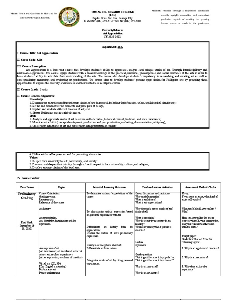 Course Syllabus Art Appreciation | PDF | Aesthetics | Creativity
