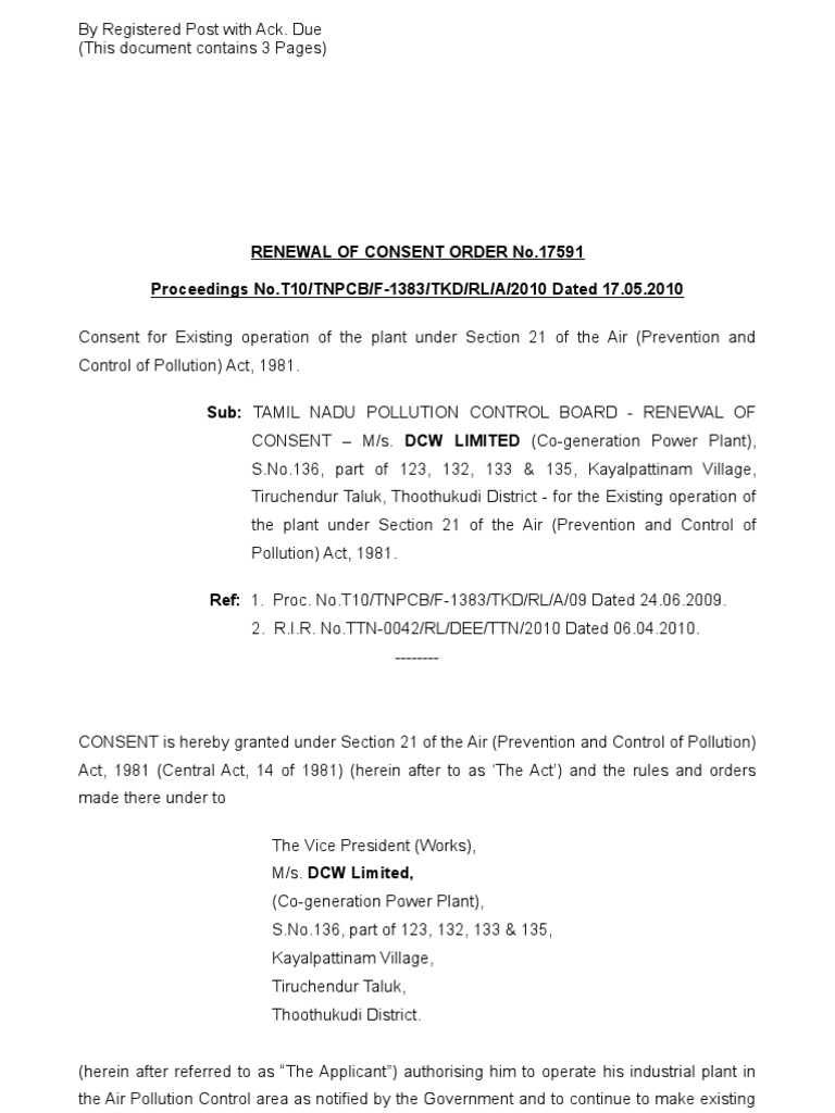 DCW - Cogen Power Plant - Consent To Operate (Air) | PDF | Emission ...
