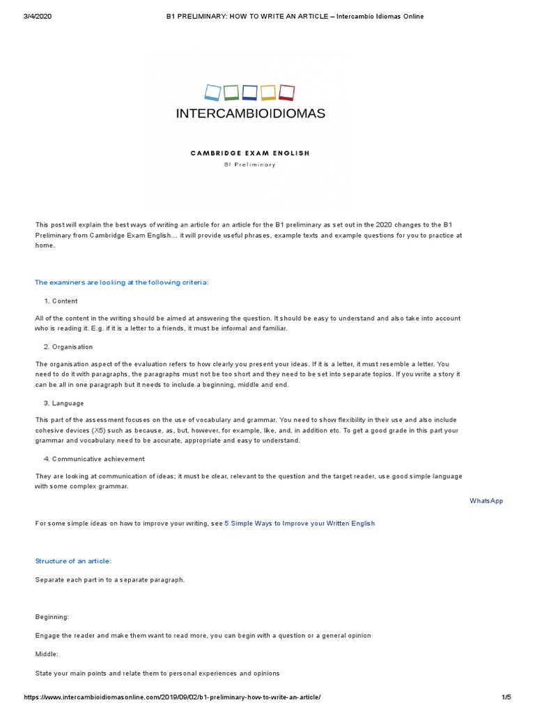 B1 PRELIMINARY How To Write An ARTICLE 2020 | PDF | Syntax | Linguistics