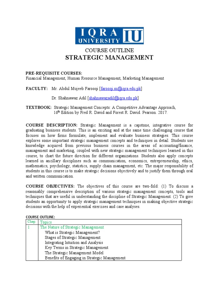 SM Course Outline (Fall 2020) | PDF | Strategic Management | Strategic ...