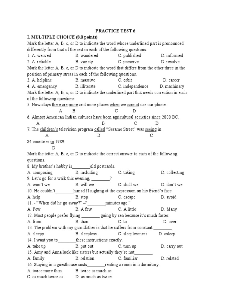 Practice Test 6 I. MULTIPLE CHOICE (8.0 Points) | PDF | Halloween ...