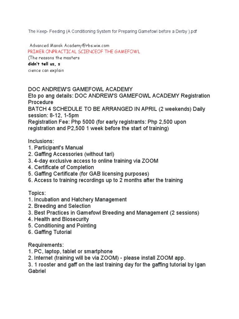 Andrew T Bunan Gamefowl Academy Online Training Details | PDF