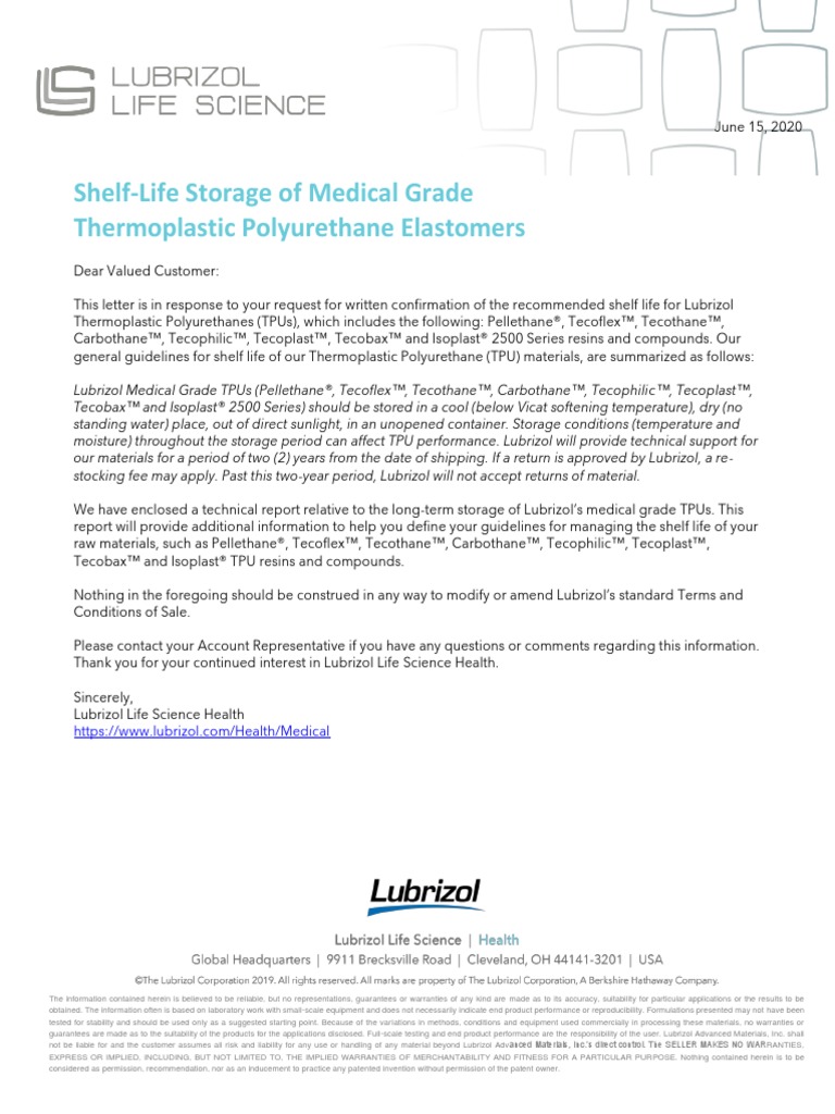 Shelf Life Document For Medical Grade TPU - Final | PDF | Polyurethane ...