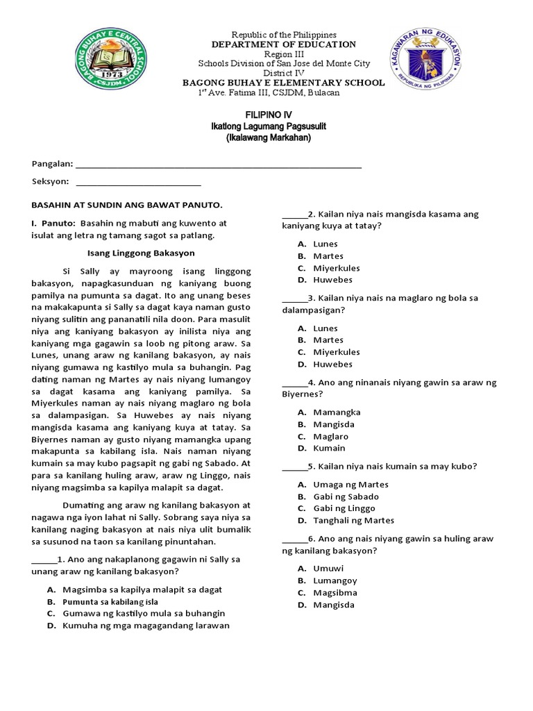 Ikatlong Lagumang Pagsusulit Sa Filipino IV - 2nd Quarter | PDF