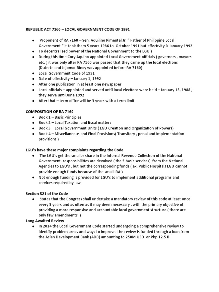 Republic Act 7160 - Local Government Code of 1991 | PDF | Local ...