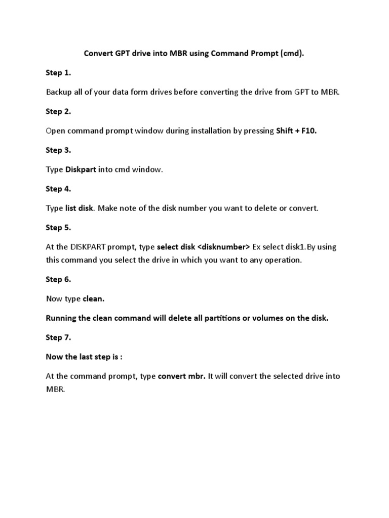 Convert GPT Drive Into MBR Using Command Prompt (CMD) . | PDF