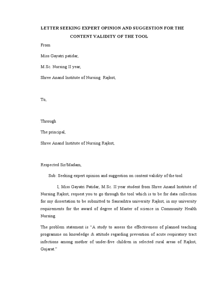 Letter Seeking Expert Opinion and Suggestion For The Content Validity ...