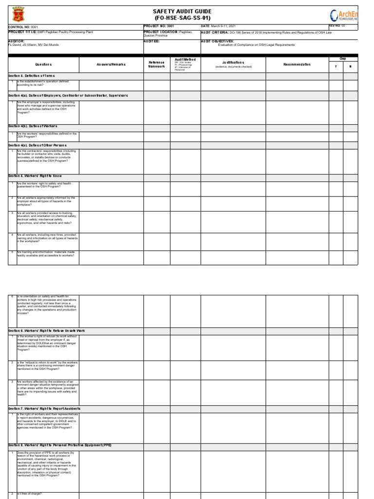 Audit Checklist (DO 198) Rev 3 | PDF | Personal Protective Equipment ...