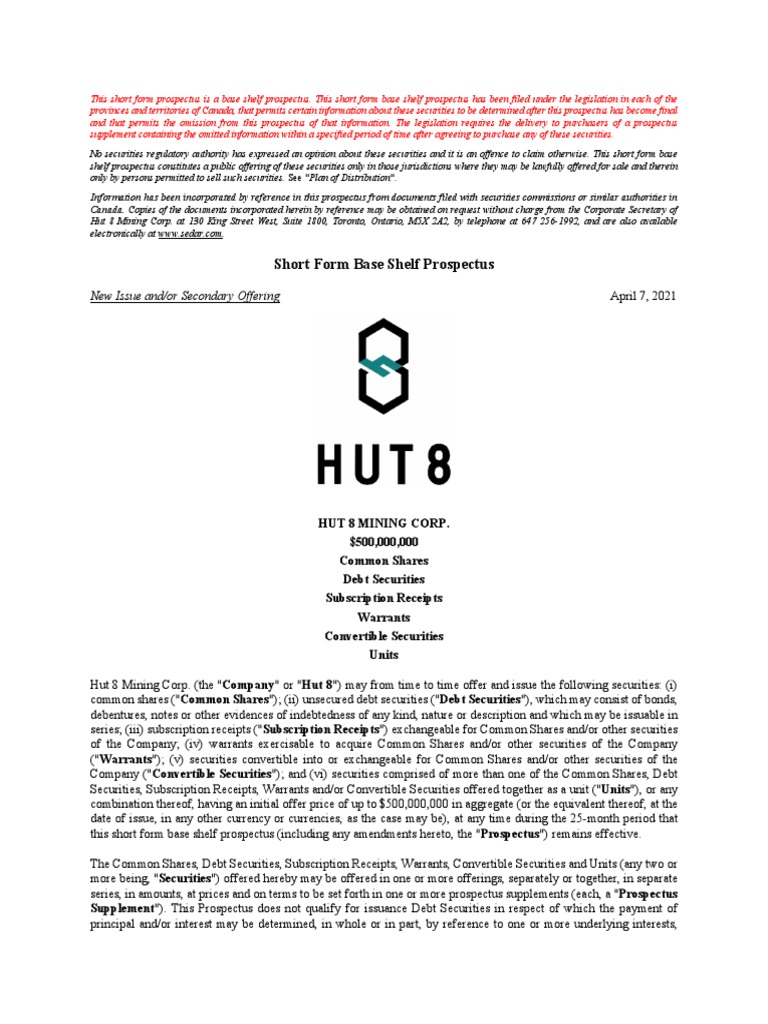 Short Form Prospectus Hut 8 | PDF | Prospectus (Finance) | Securities ...