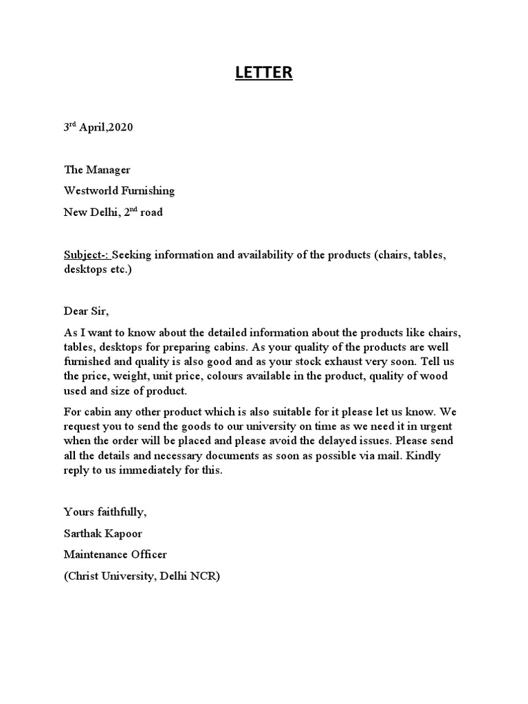 Furniture Quotation Request Letter | PDF