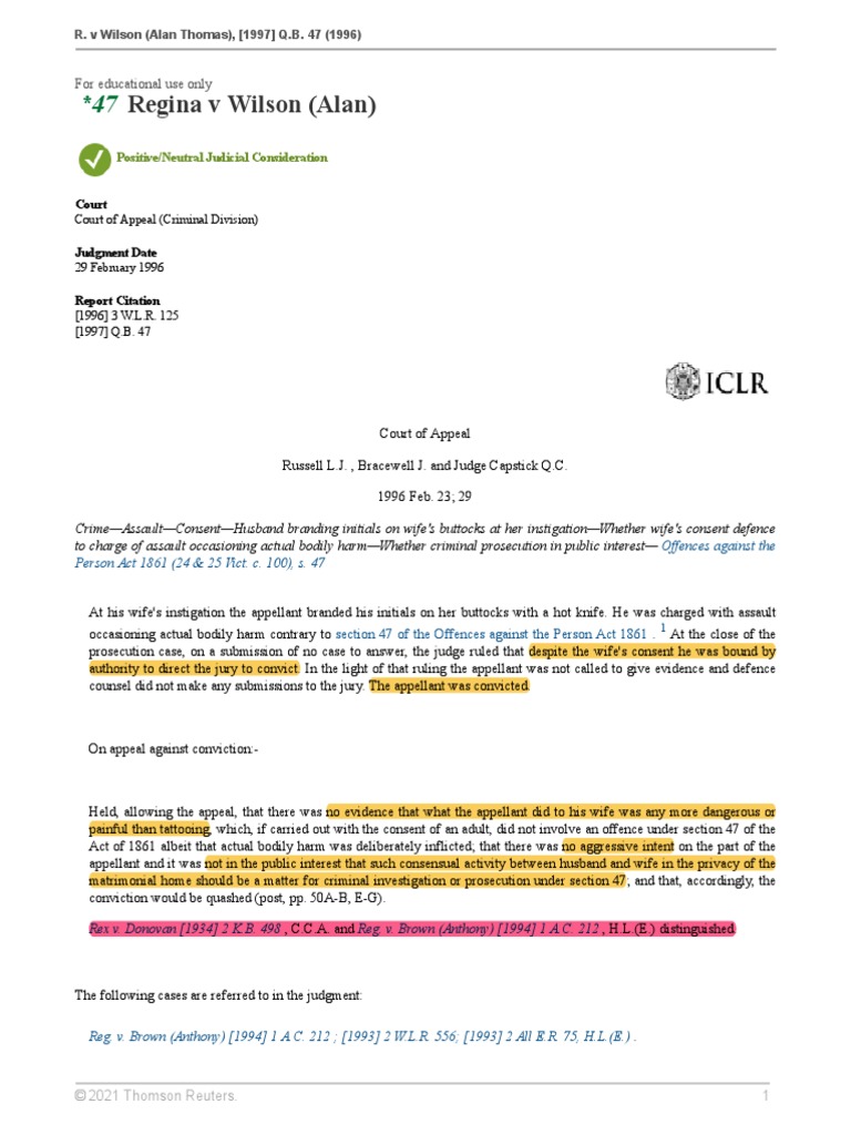 R V Wilson (Alan Thomas) | PDF | Assault | Appeal