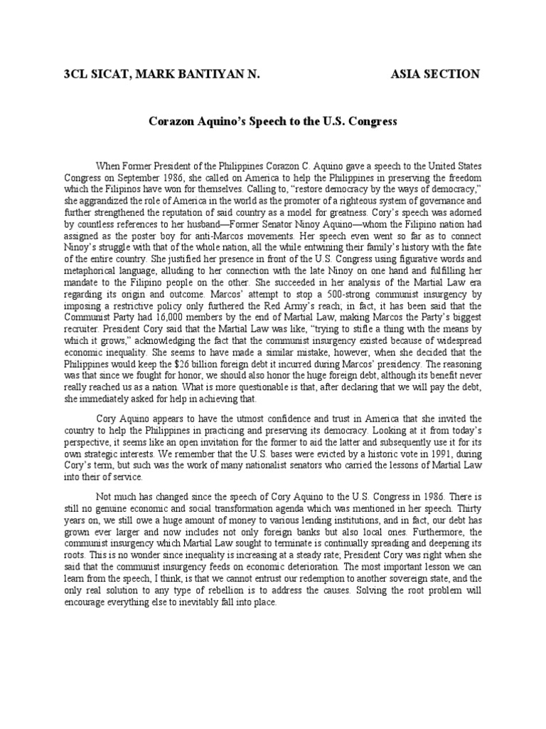 3CL Sicat, Mark Bantiyan N. (PH History.-Corazon Aquino's Speech) | PDF ...