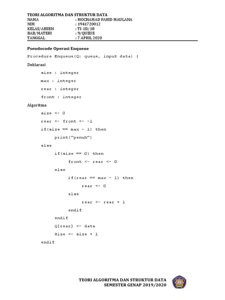 Pseudocode Operasi Enqueue & Dequeue | PDF