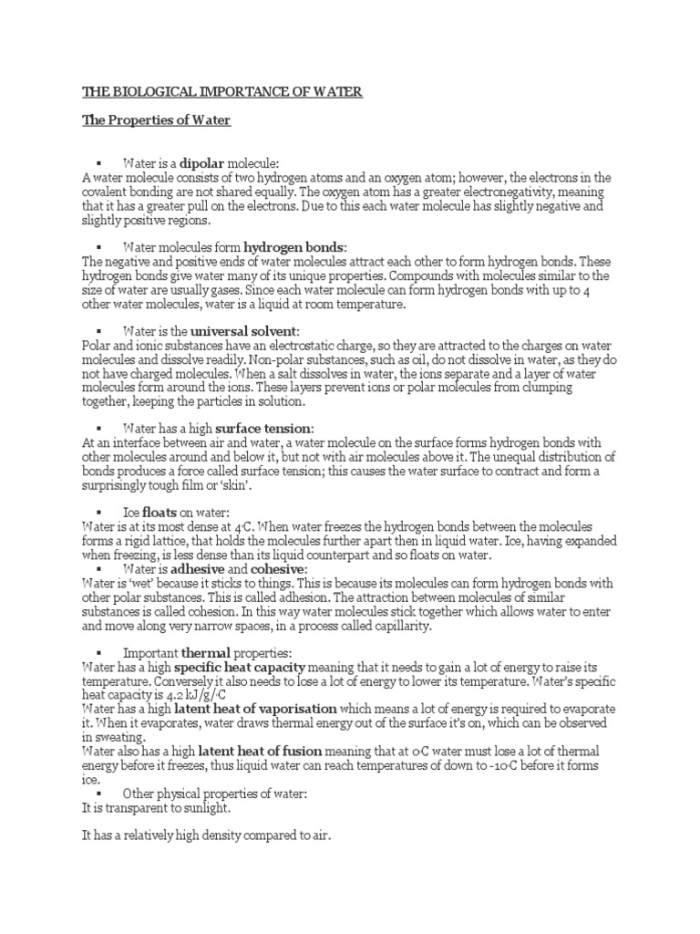 The Biological Importance of Water The Properties of Water | PDF ...