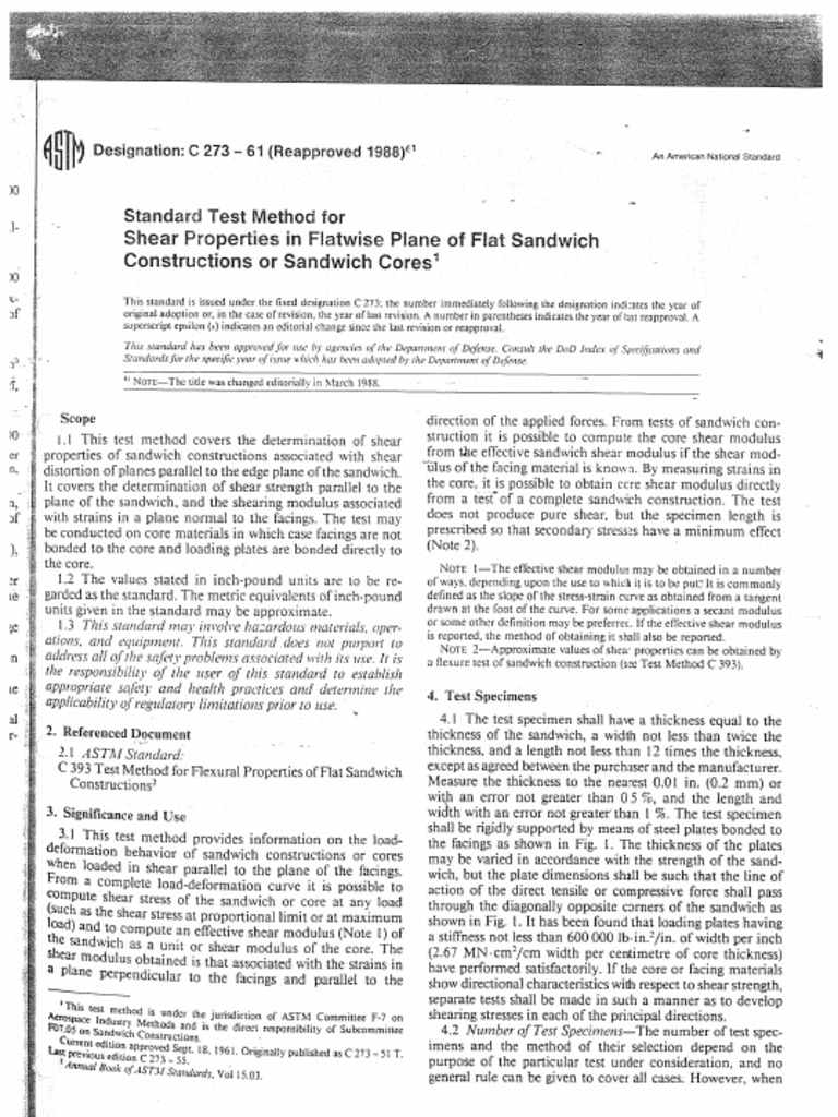 ASTM C 273-61 Standard Test Method For Shear Properties in Flatwise ...