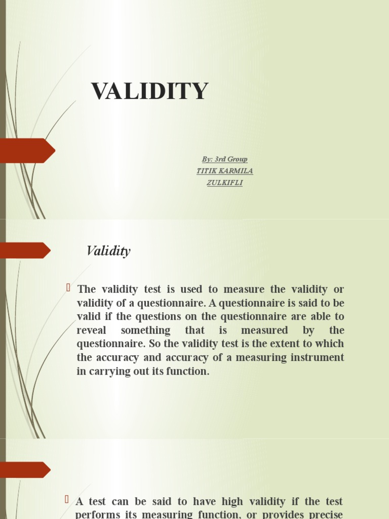 Validity: By: 3rd Group Titik Karmila Zulkifli | PDF | Validity (Statistics) | Correlation And ...