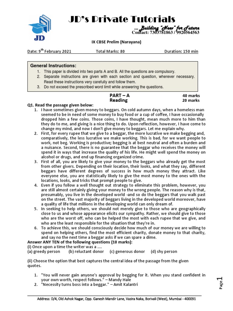 JD's Private Tutorials: Contact: 7303781863 / 9920564563 IX CBSE Prelim ...