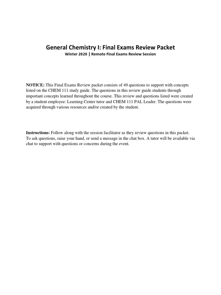 General Chemistry I: Final Exams Review Packet | PDF | Chemical Bond ...