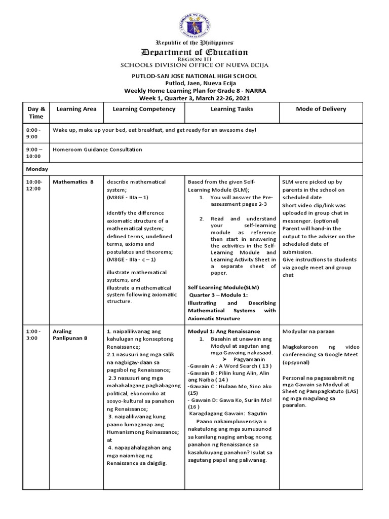 Grade-8 NARRA Q3 Weekly Home Learning Plan | PDF | Axiom | Matter