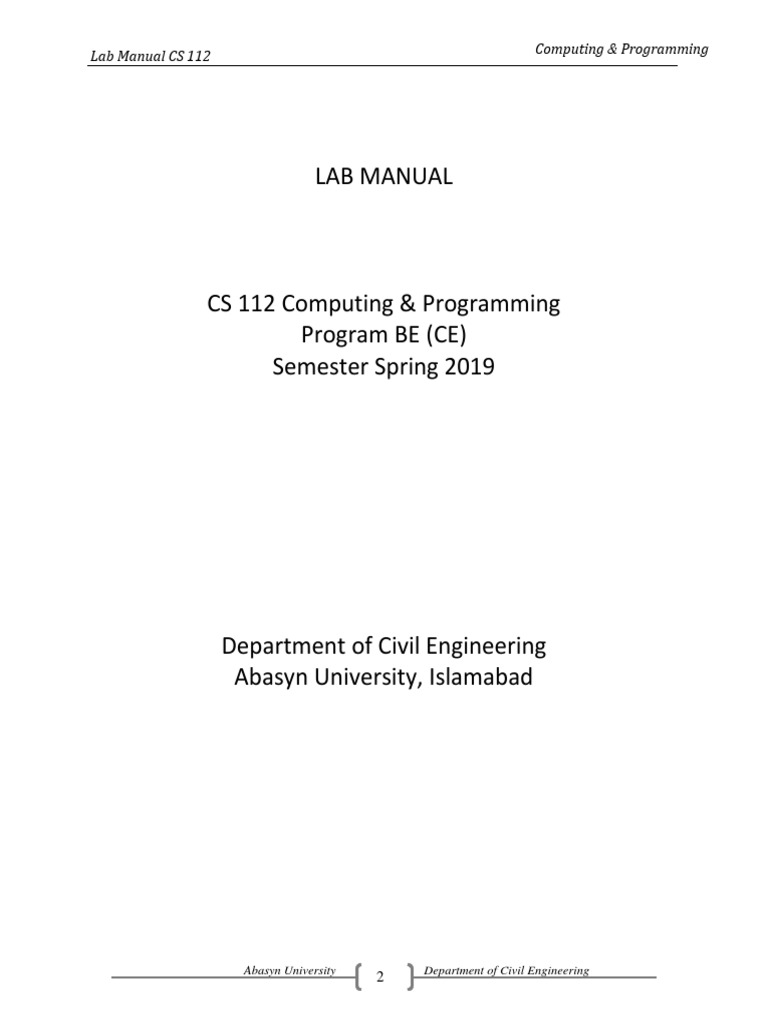 Cs112 Lab Manual Computing And Programming Pdf Pointer Computer Programming Integer 1177