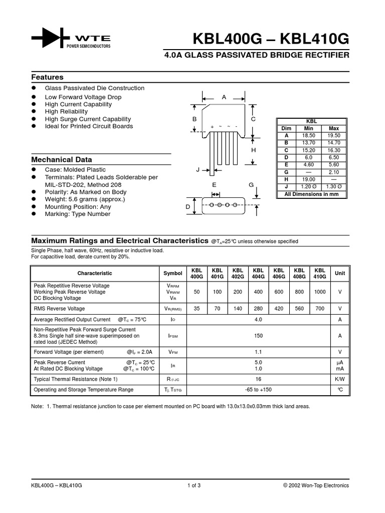 Datasheet Puente Rectificador KBL406G Passive | PDF | Rectifier ...
