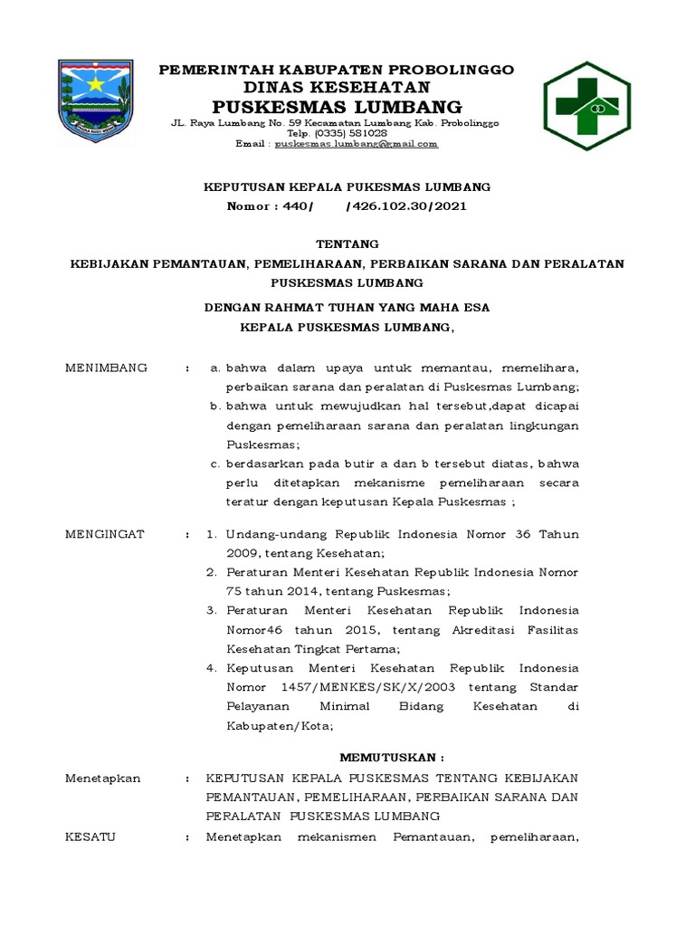 SK Kebijakan Pemantauan, Pemeliharaan, Perbaikan Sarana Dan Peralatan Puskesmas Lumbang | PDF