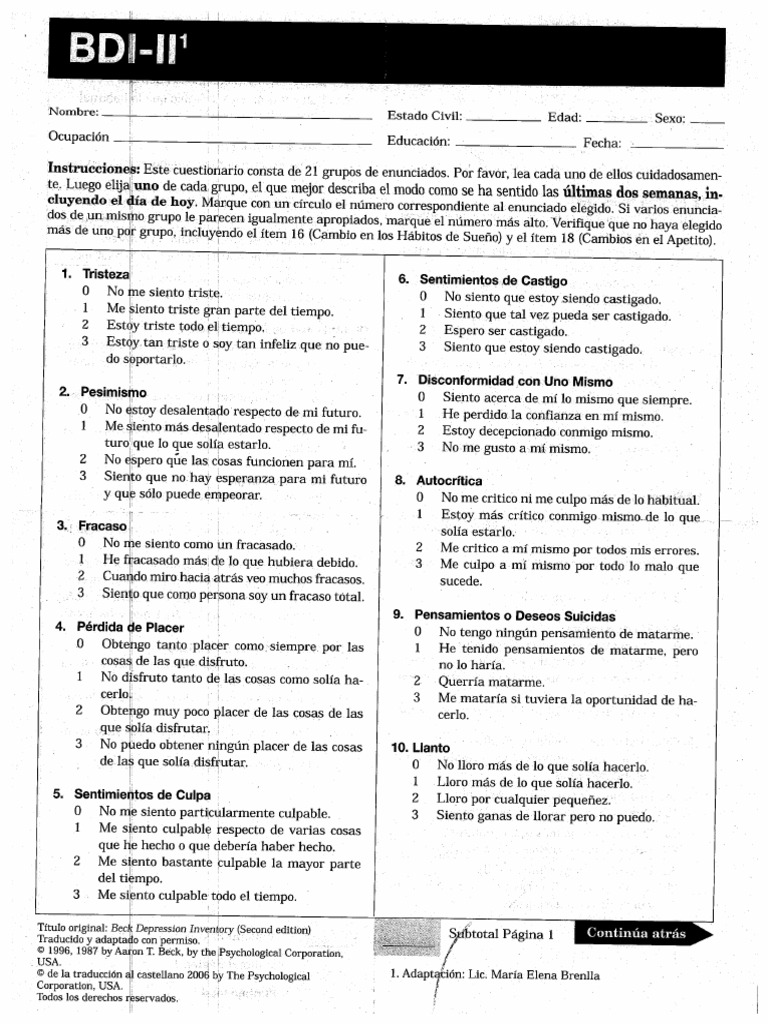 Beck, Steer y Brown - BDI-II - Protocolo | PDF