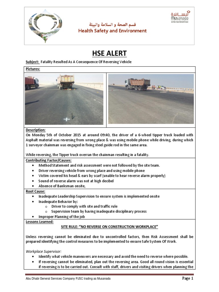 Hse Alert: Subject: Fatality Resulted As A Consequence of Reversing ...