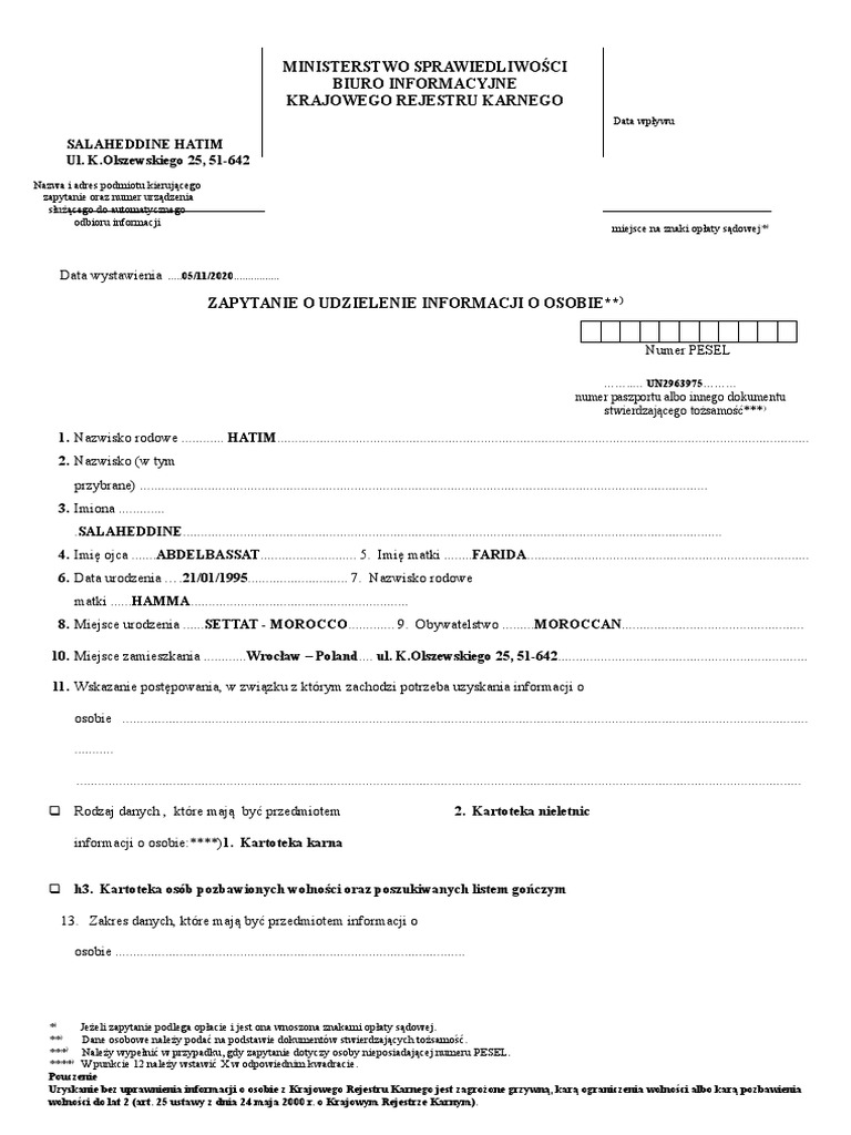 Formularz KRK Osoba | PDF
