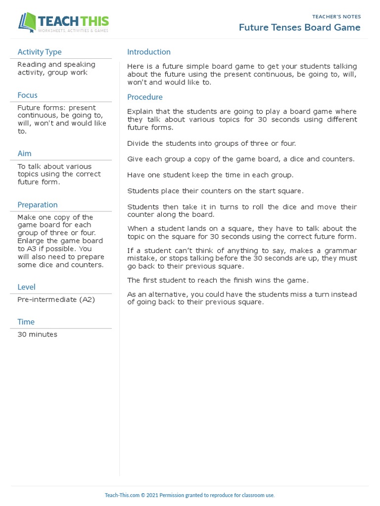 Future Tenses Board Game: Activity Type | PDF