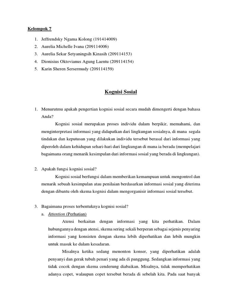Psi Sosial 1 A - Kelompok 7 - Kognisi Sosial | PDF