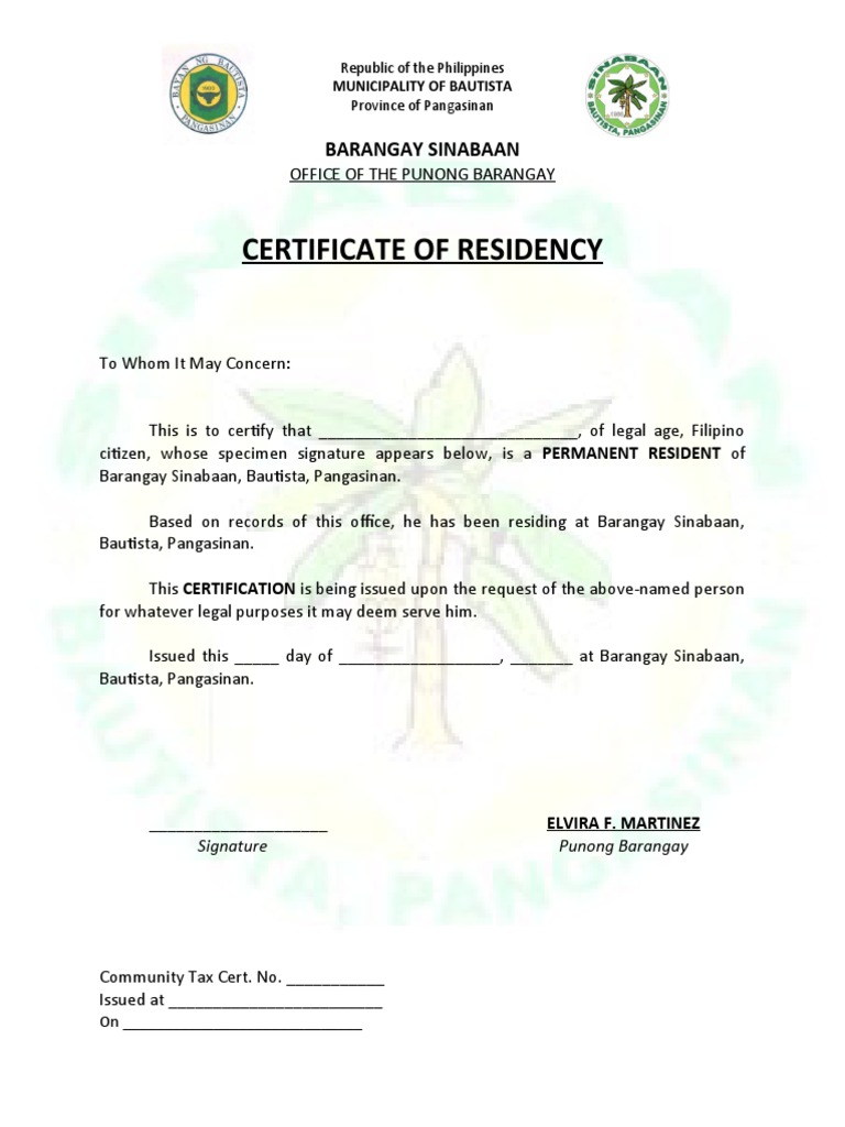 Certificate of Residency: Barangay Sinabaan | PDF