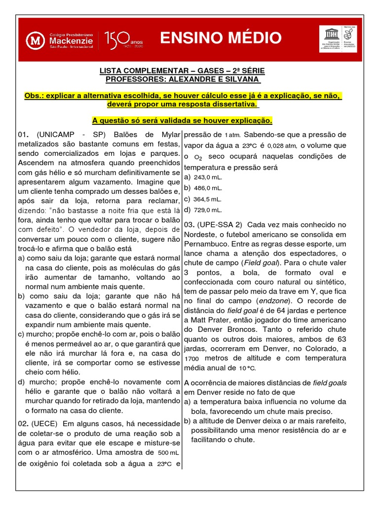 Lista Complementar 1 - Gases | PDF | Pressão | Gases