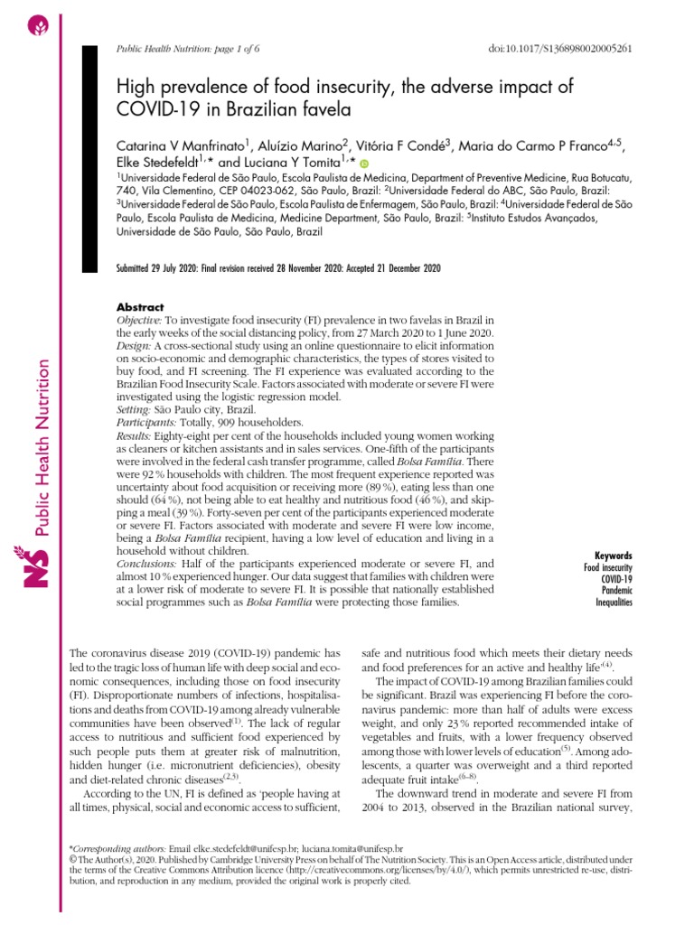 Food Insecurity Brazilian Favela 2020 | PDF | Food Security | Malnutrition