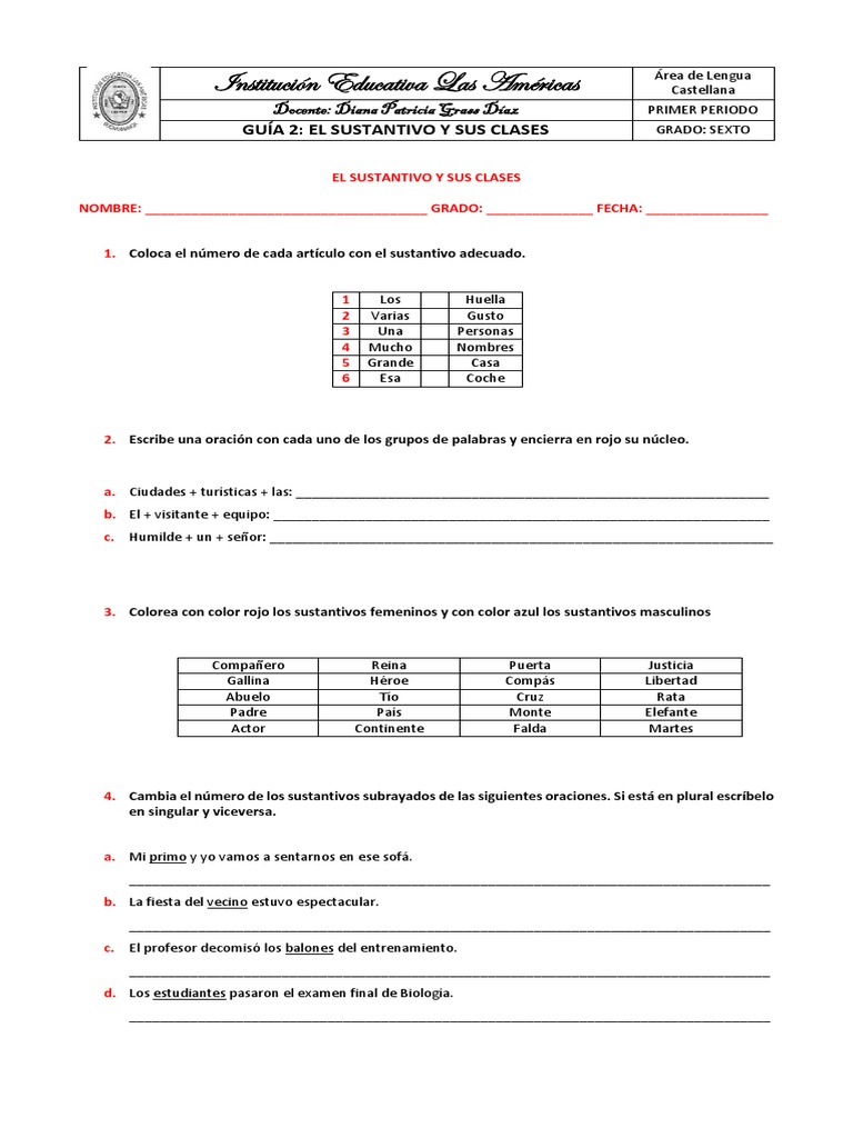 Guía Práctica. El Sustantivo y Sus Clases | PDF | Sustantivo ...