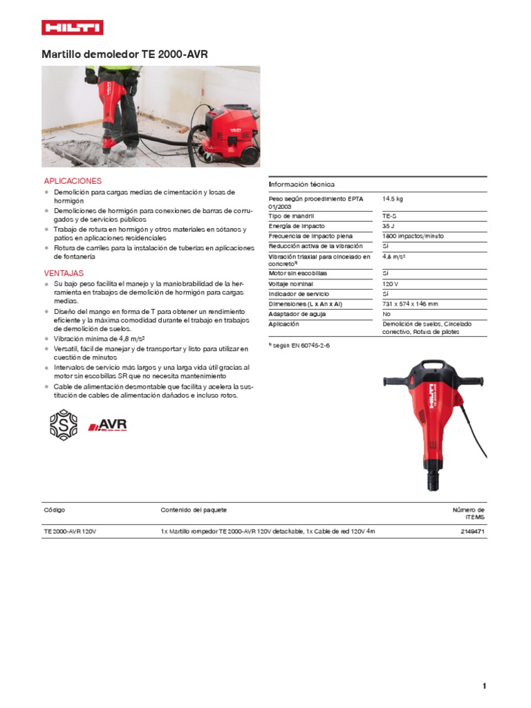 Hilti TE-2000-AVR | PDF | Hormigón | Bienes manufacturados