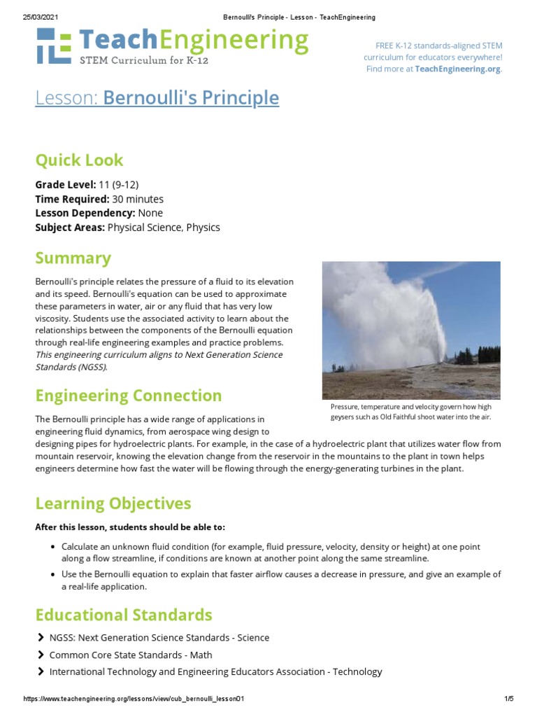 Bernoulli's Principle - Lesson - TeachEngineering | PDF | Pressure ...