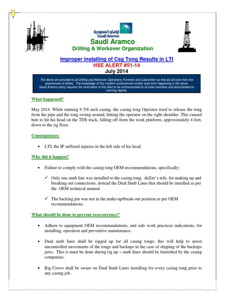 HSE Alert # 51-14 Improper Installing of CSG Tong Results in LTI | PDF