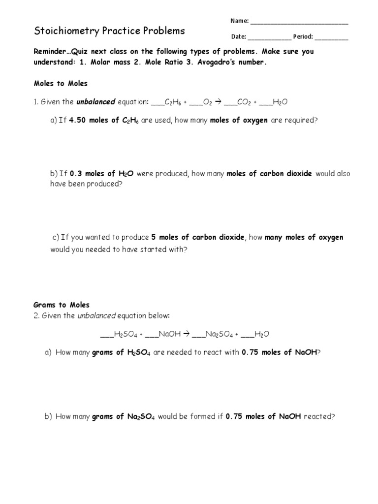 Stoichiometry Practice Problems | PDF | Stoichiometry | Ammonia
