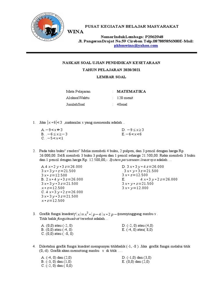 Soal Upk Matematika PKBM Wina | PDF