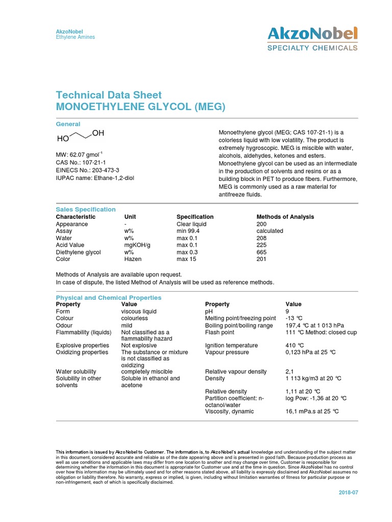 Technical Data Sheet Monoethylene Glycol (Meg) : General | PDF ...